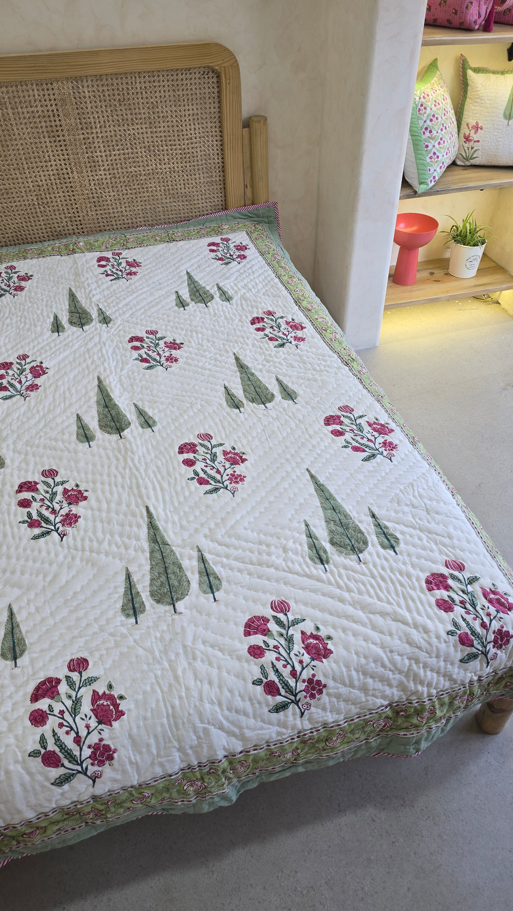 TRIPLE CYPRESS HANDBLOCK PRINTED SINGLE QUILT